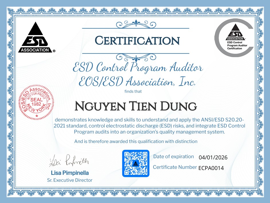 KHÓA ĐÀO TẠO ESD AUDITOR – EOS/ESD Chip Design, ANSI/ESD S2020